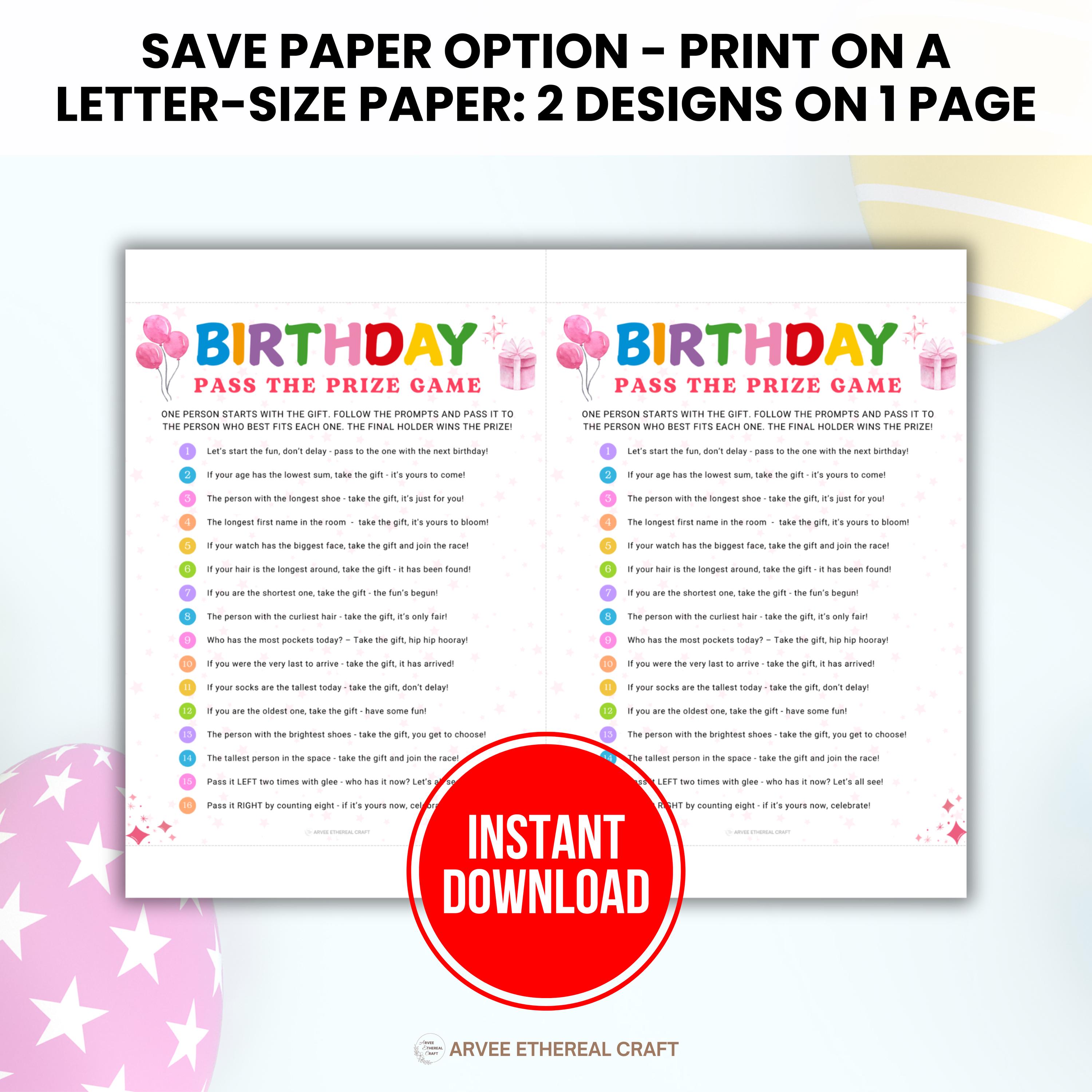 Birthday Pass the Prize Games, Printable Kids Girl Birthday Party Games ...