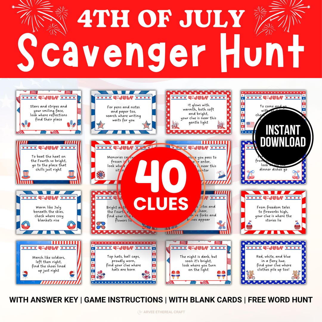 4th of July Scavenger Hunt Clues, Printable Indoor Treasure Hunt Clues ...