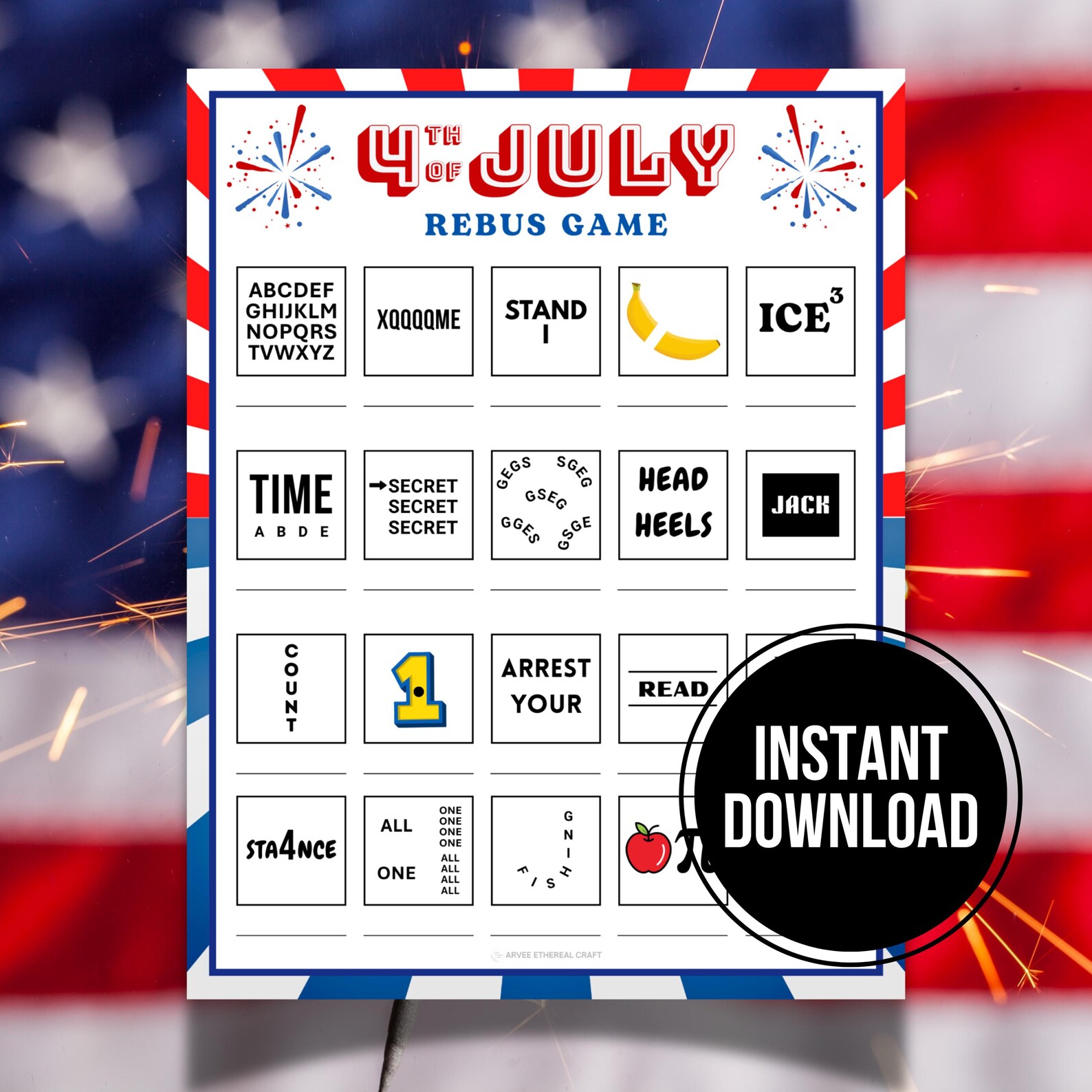 4th of July Rebus Game, Printable Rebus Puzzles, Word Play Trivia ...