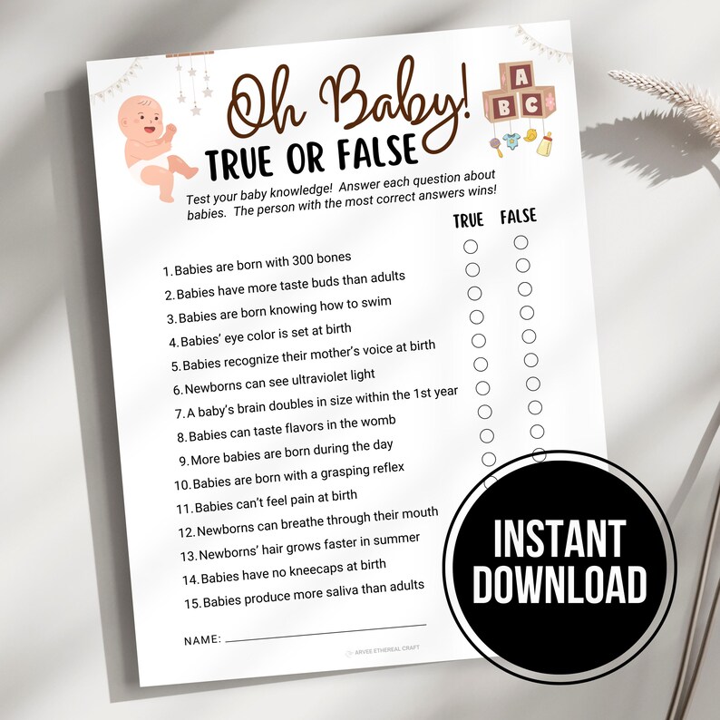Oh Baby True or False Baby Shower Game, Printable Virtual Baby Shower ...