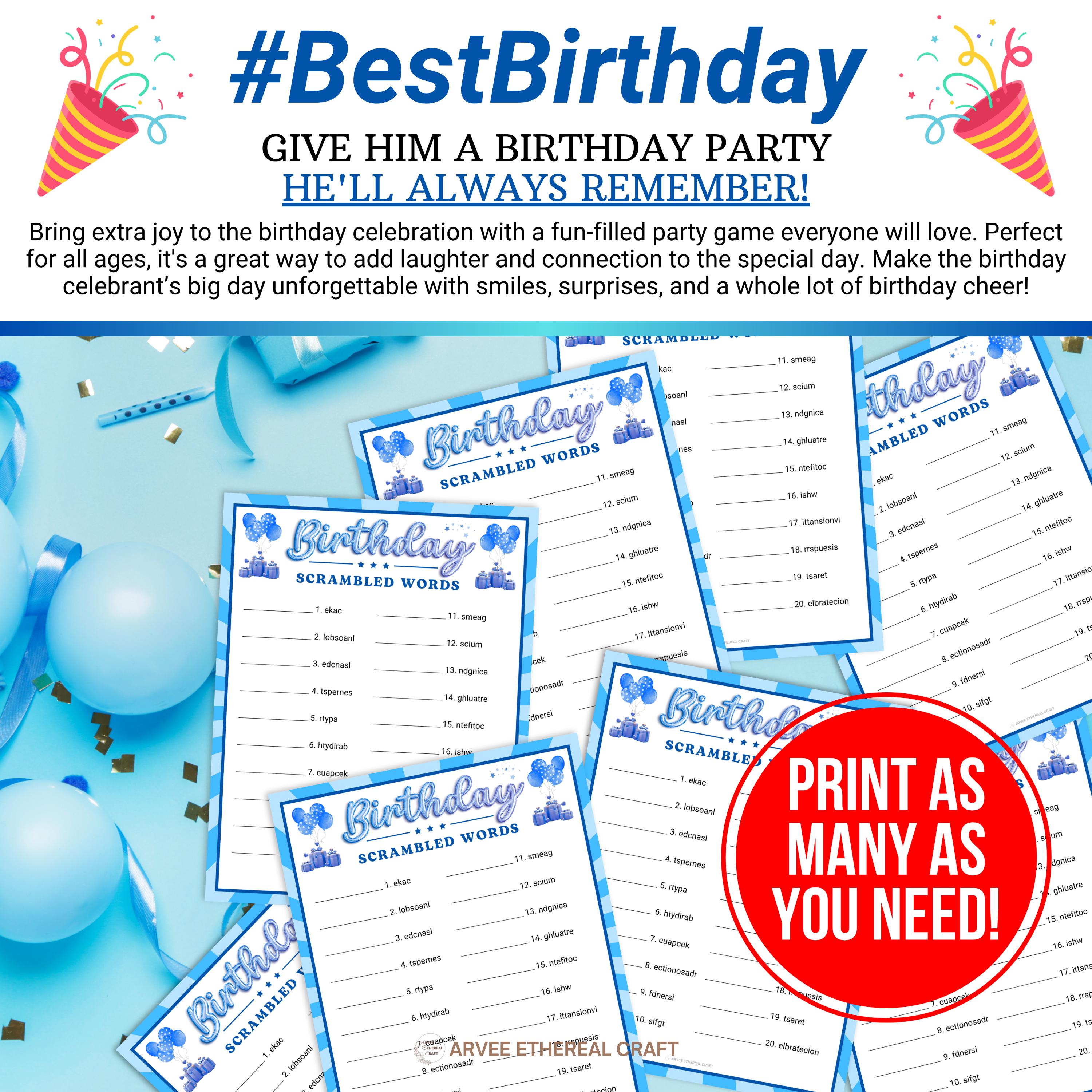 Scrambled Words Game, Birthday Printable Jumbled Words Game, Kids Word ...