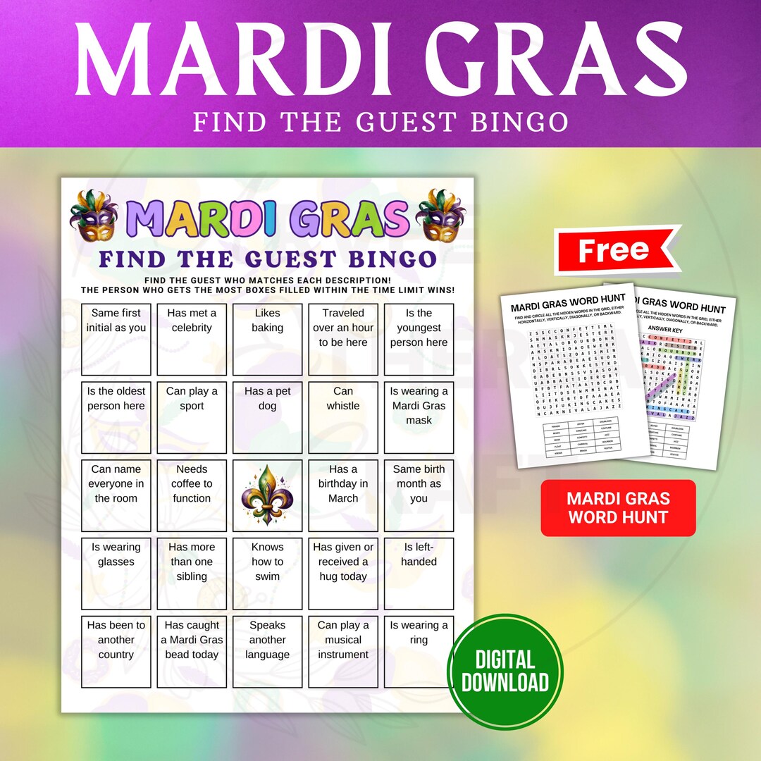 Mardi Gras Find the Guest Bingo Card Game, Mingle Bingo, Holiday Human ...
