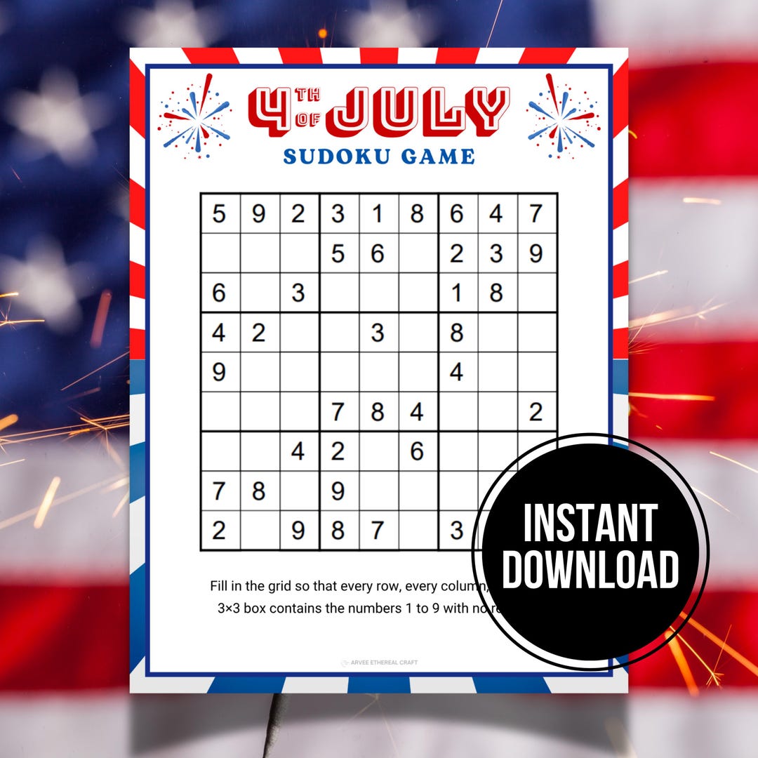 4th of July Sudoku Puzzles, Printable Sudoku Game, Brain Teasers ...