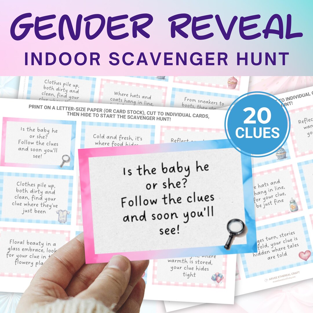 Printable Gender Reveal Scavenger Hunt Clues, Gender Reveal Ideas ...
