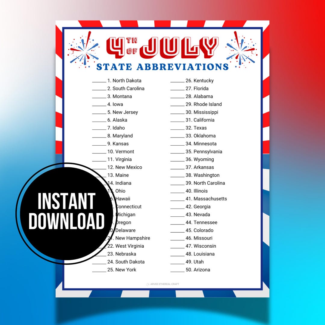 USA State Abbreviations Game, 4th of July Printable 50 US United States ...