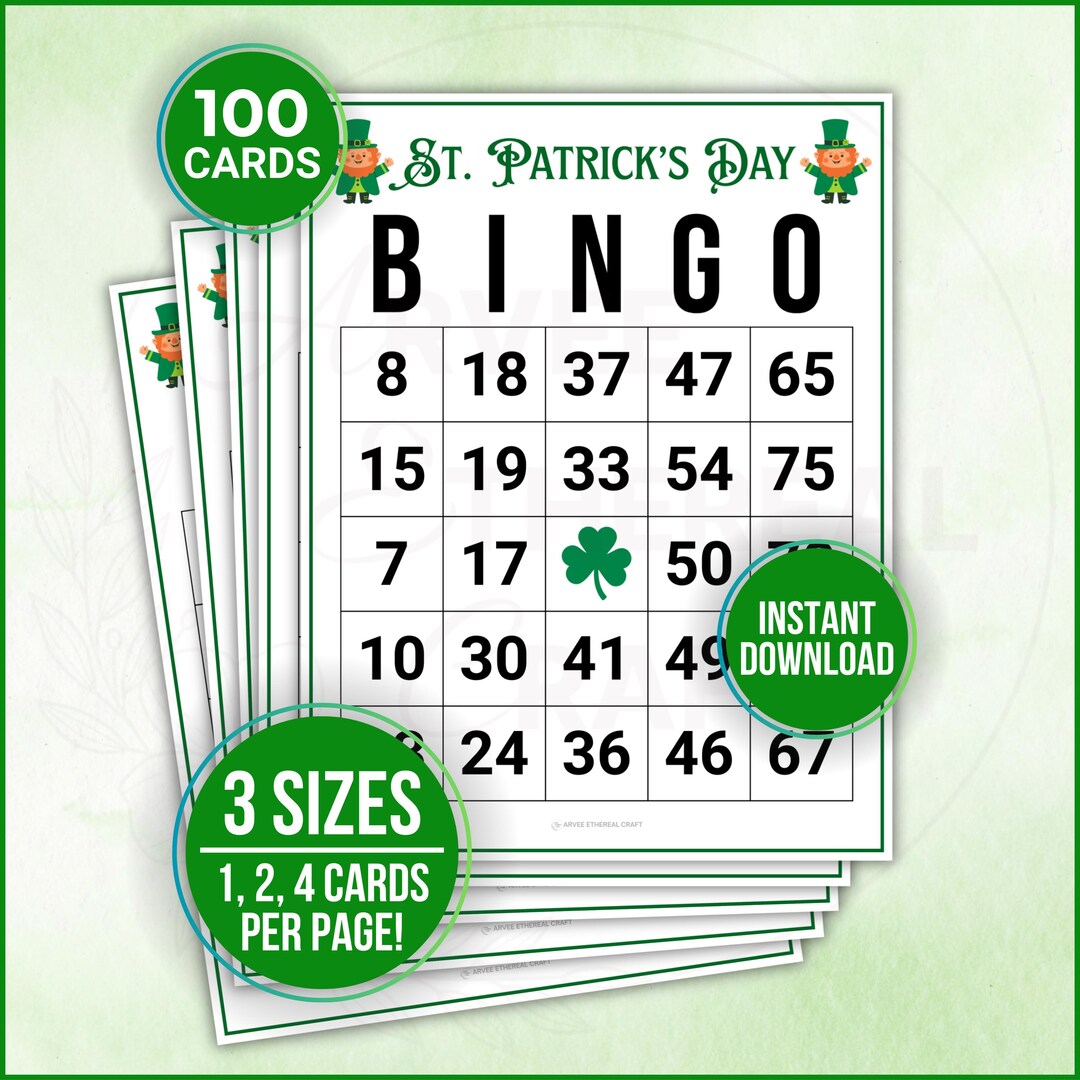 St Patricks Day Bingo Cards Game, Printable 100 Bingo Cards, Holiday ...