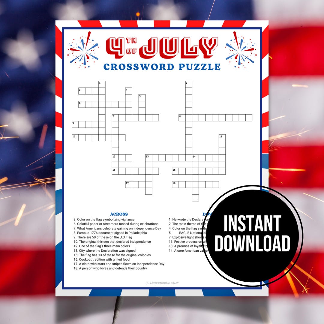 4th of July Crossword Puzzle Game, Printable Independence Day Patriotic ...