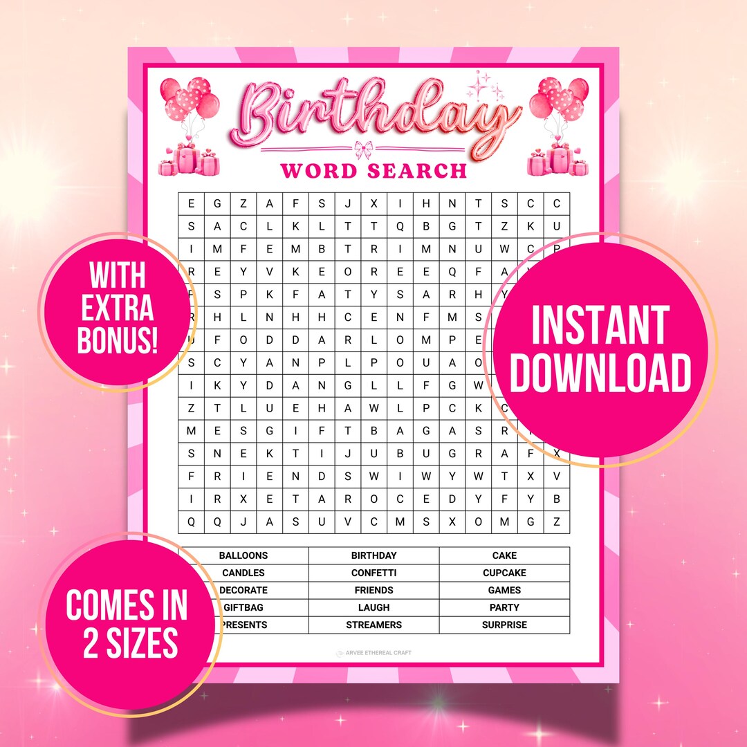 Birthday Word Search Game, Printable Word Hunt Game, Word Find Puzzle ...