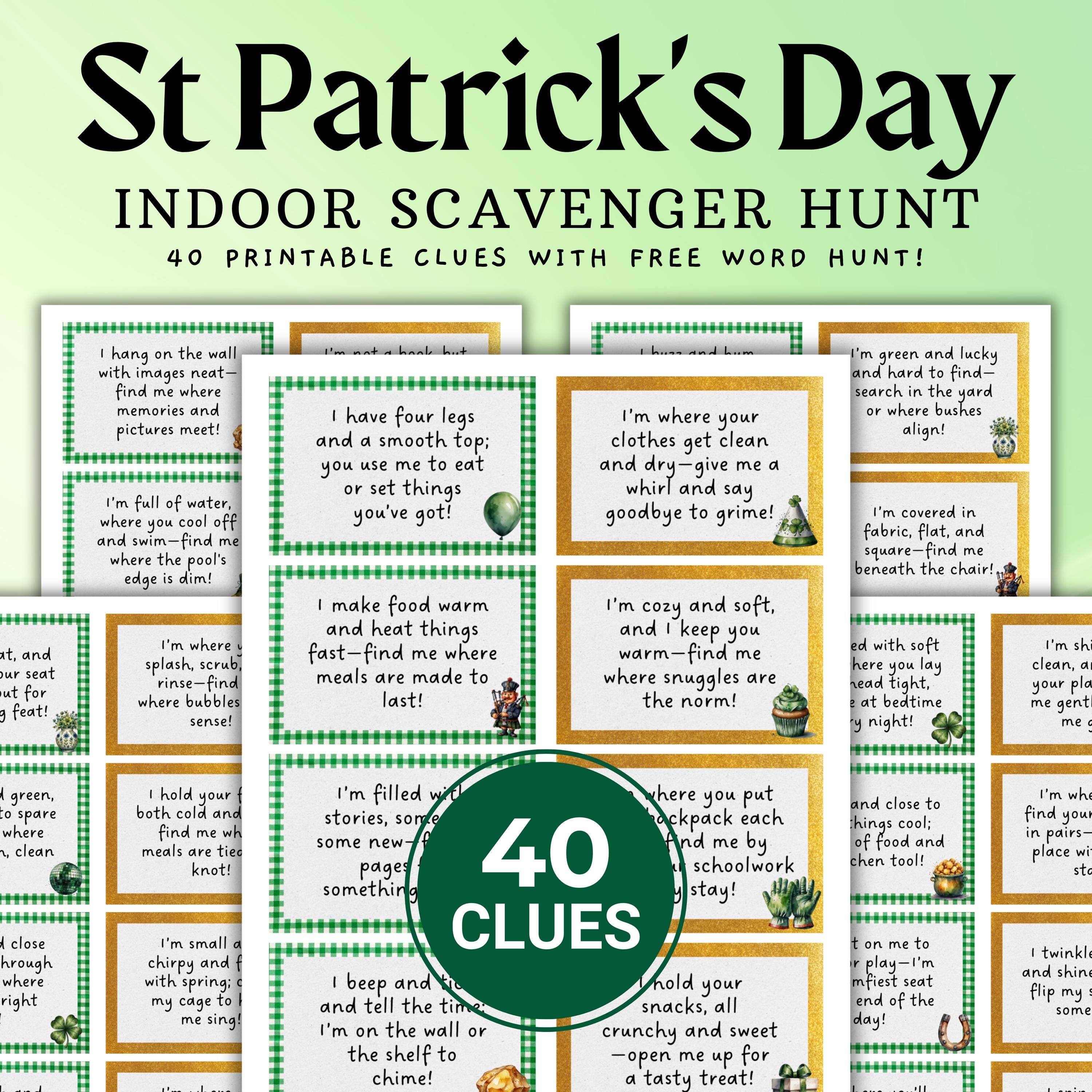 St. Patricks Day Scavenger Hunt for Kids, Indoor Treasure Hunt Clues ...