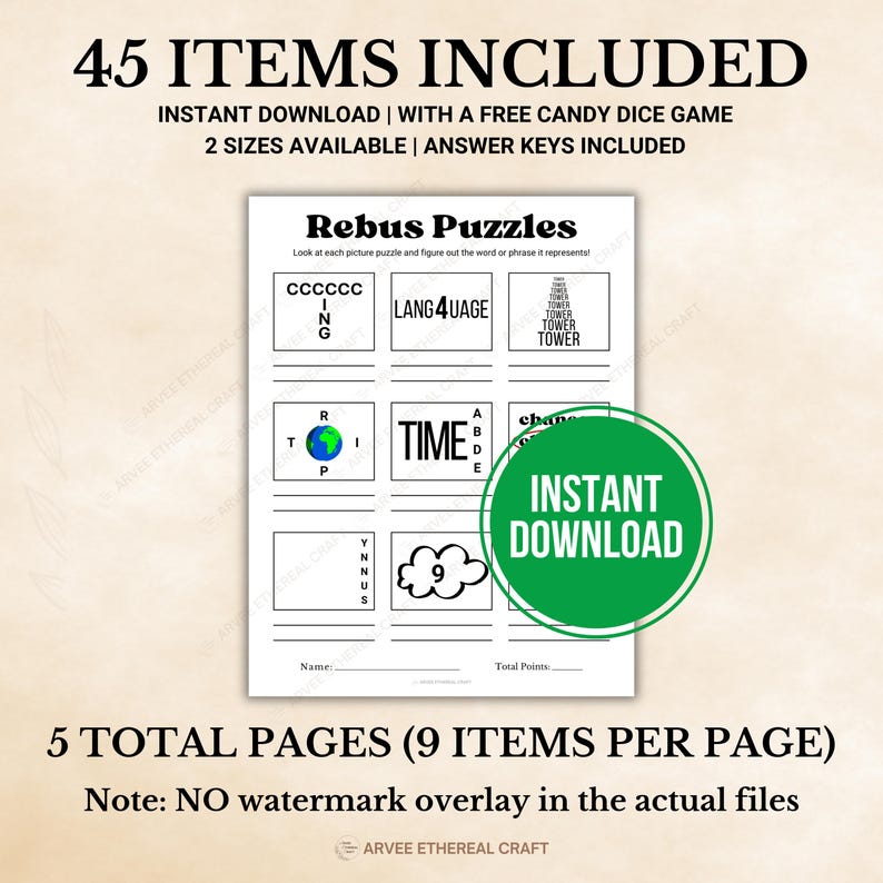 Printable Rebus Puzzles Game Bundle, Picture Puzzle Quiz Rebus Games ...