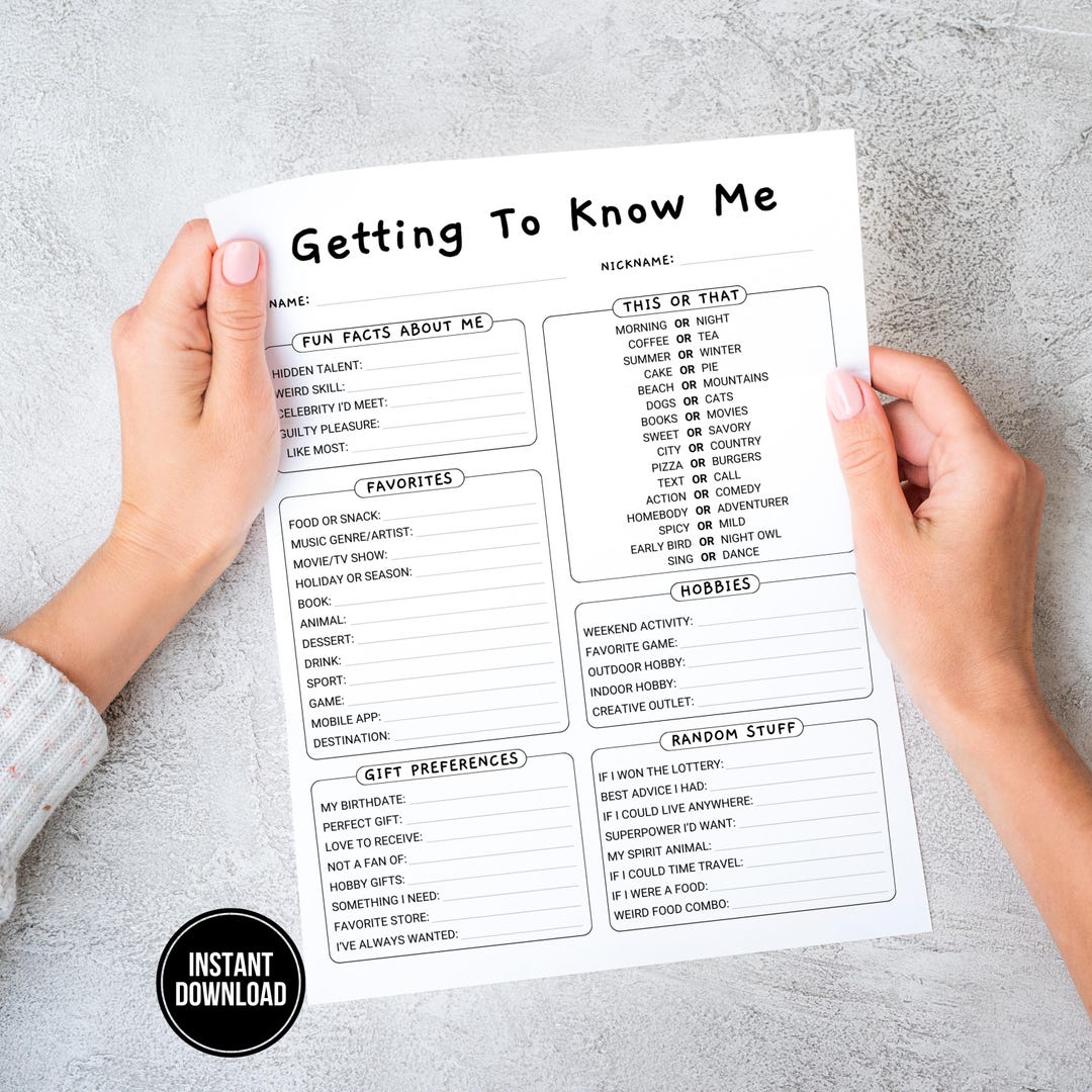 Team Building Get to Know Me Questionnaire Printable My Favorite Things ...