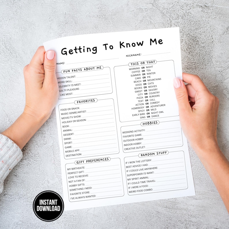 Team Building Get to Know Me Questionnaire Printable My Favorite Things ...