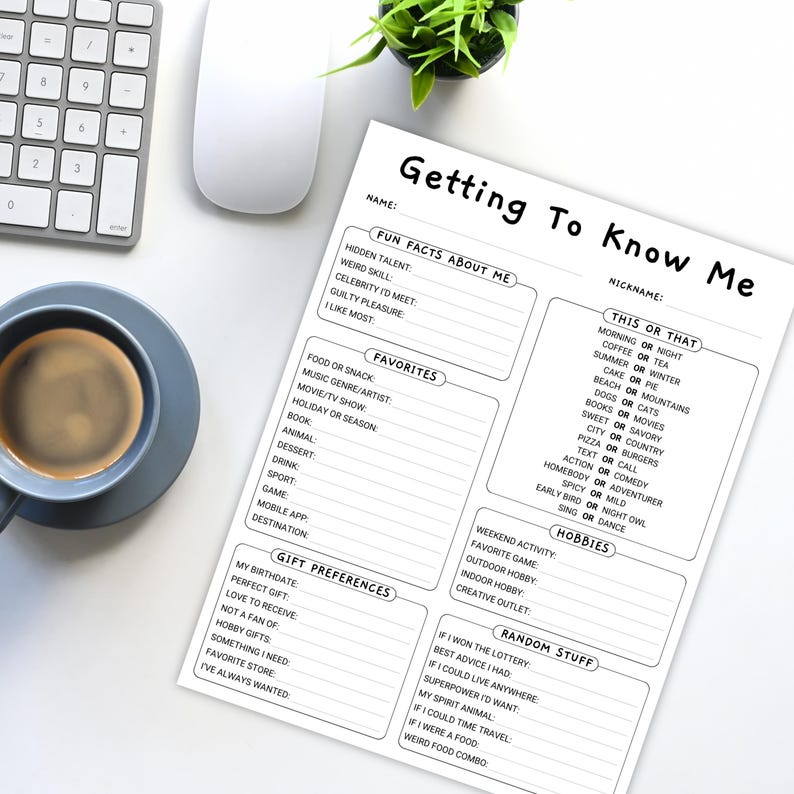 Team Building Get to Know Me Questionnaire Printable My Favorite Things ...