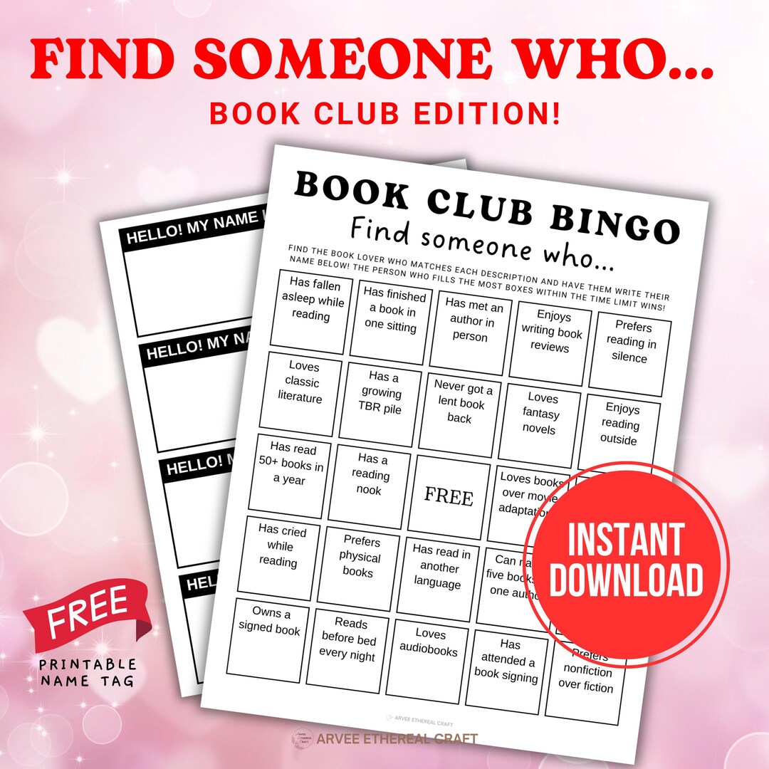 Book Club Games, Find the Guest Bingo, Find Someone Who Bingo, Book ...