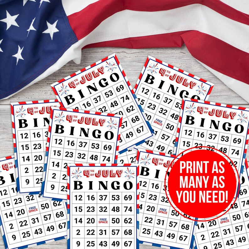 4th of July Bingo Cards Game, Printable 100 Patriotic Bingo Cards ...