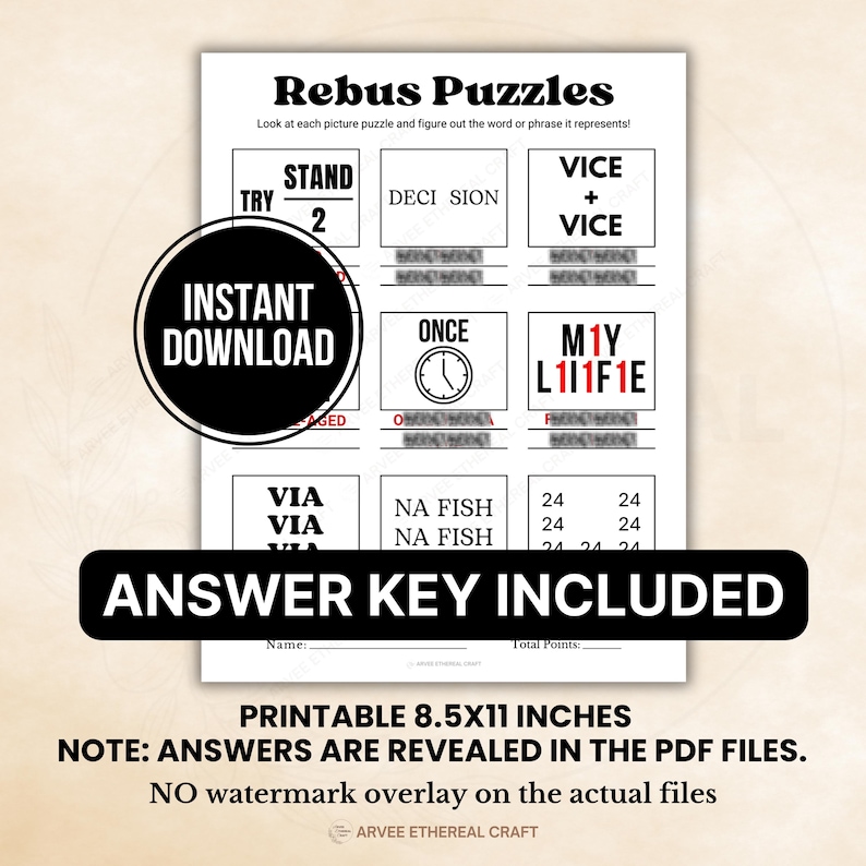 Printable Rebus Puzzles Game, Picture Puzzle Quiz, Rebus Games, Family ...