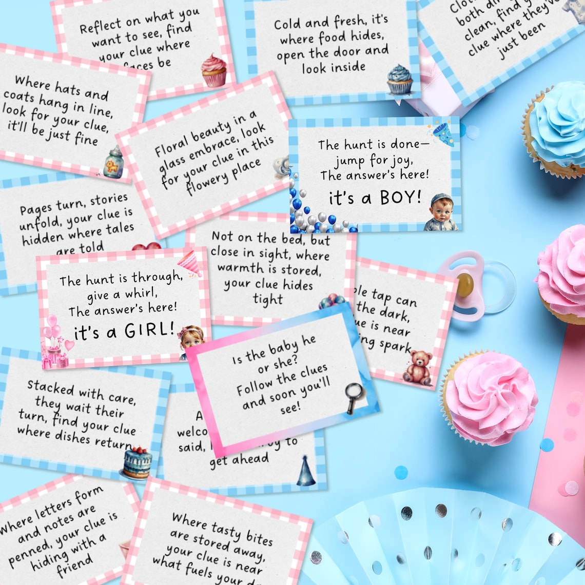 Printable Gender Reveal Scavenger Hunt Clues, Gender Reveal Ideas ...