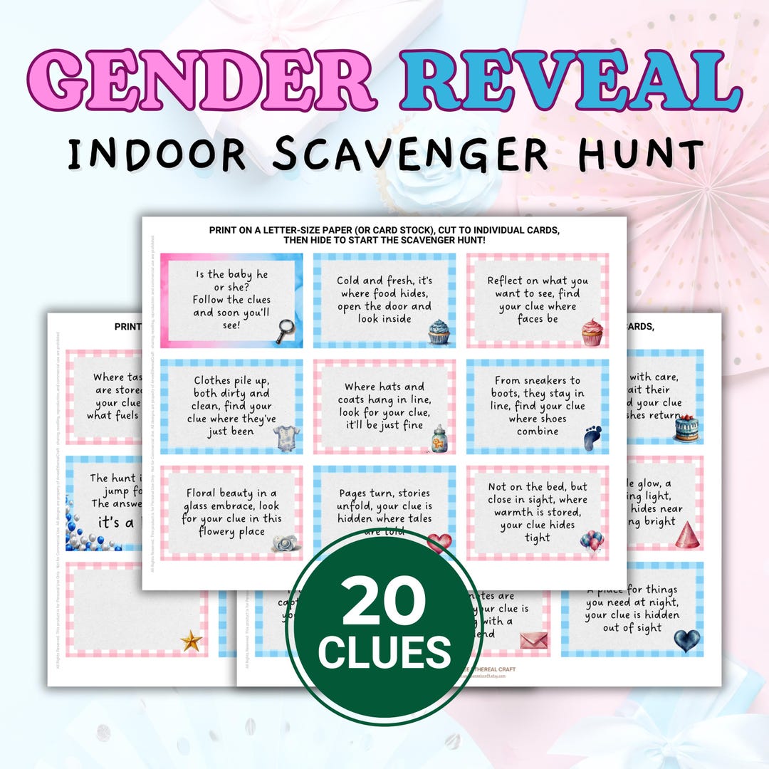 Gender Reveal Scavenger Hunt Clues, Gender Reveal Ideas, Indoor ...