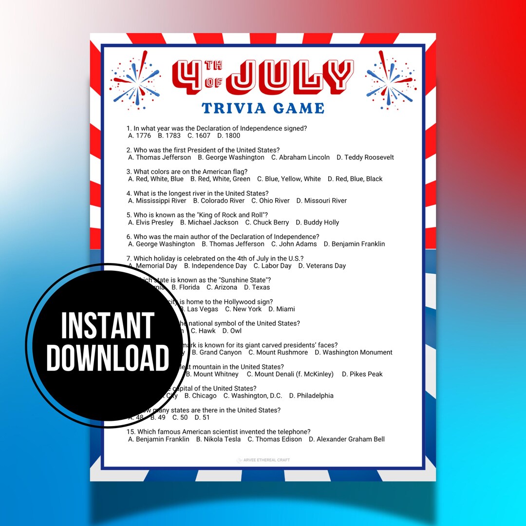 Trivia Game, 4th of July Printable American History Facts USA Trivia ...