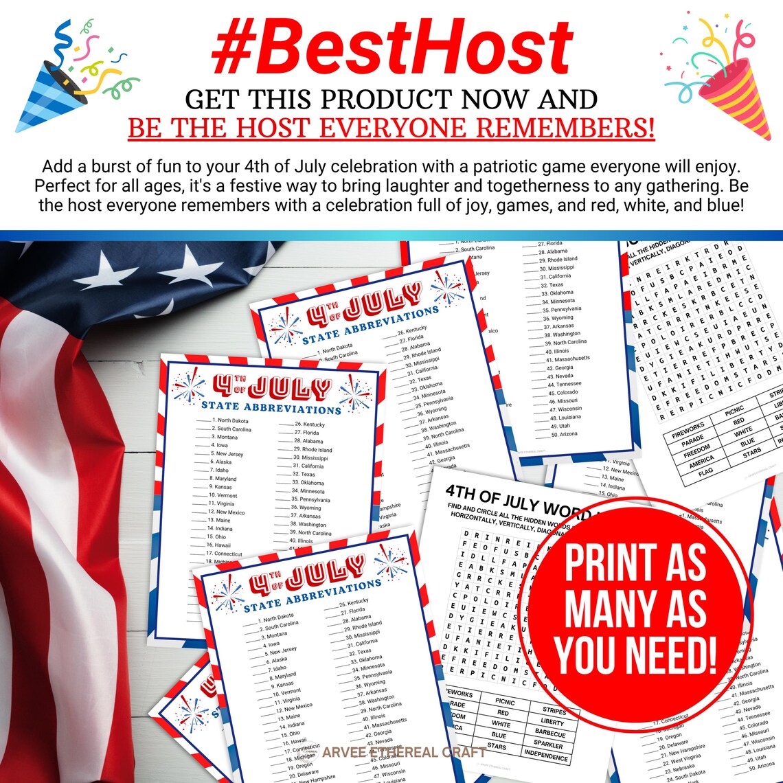 USA State Abbreviations Game, 4th of July Printable 50 US United States ...