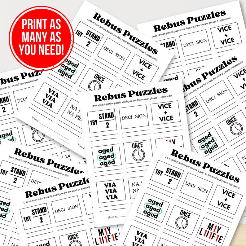 Printable Rebus Puzzles Game, Picture Puzzle Quiz, Rebus Games, Family ...