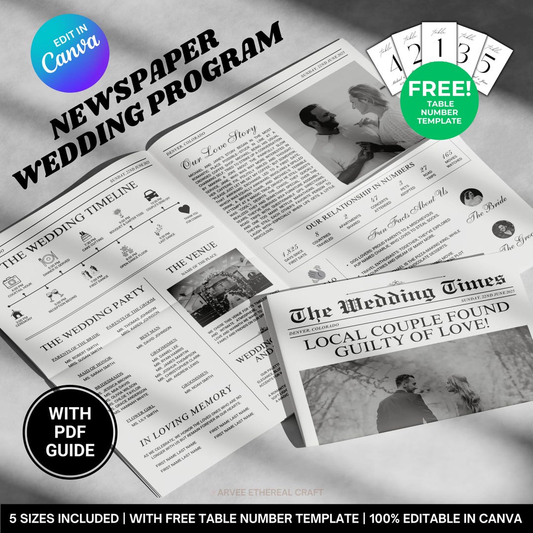 Newspaper Wedding Program Template Editable Newspaper Itinerary Folded ...