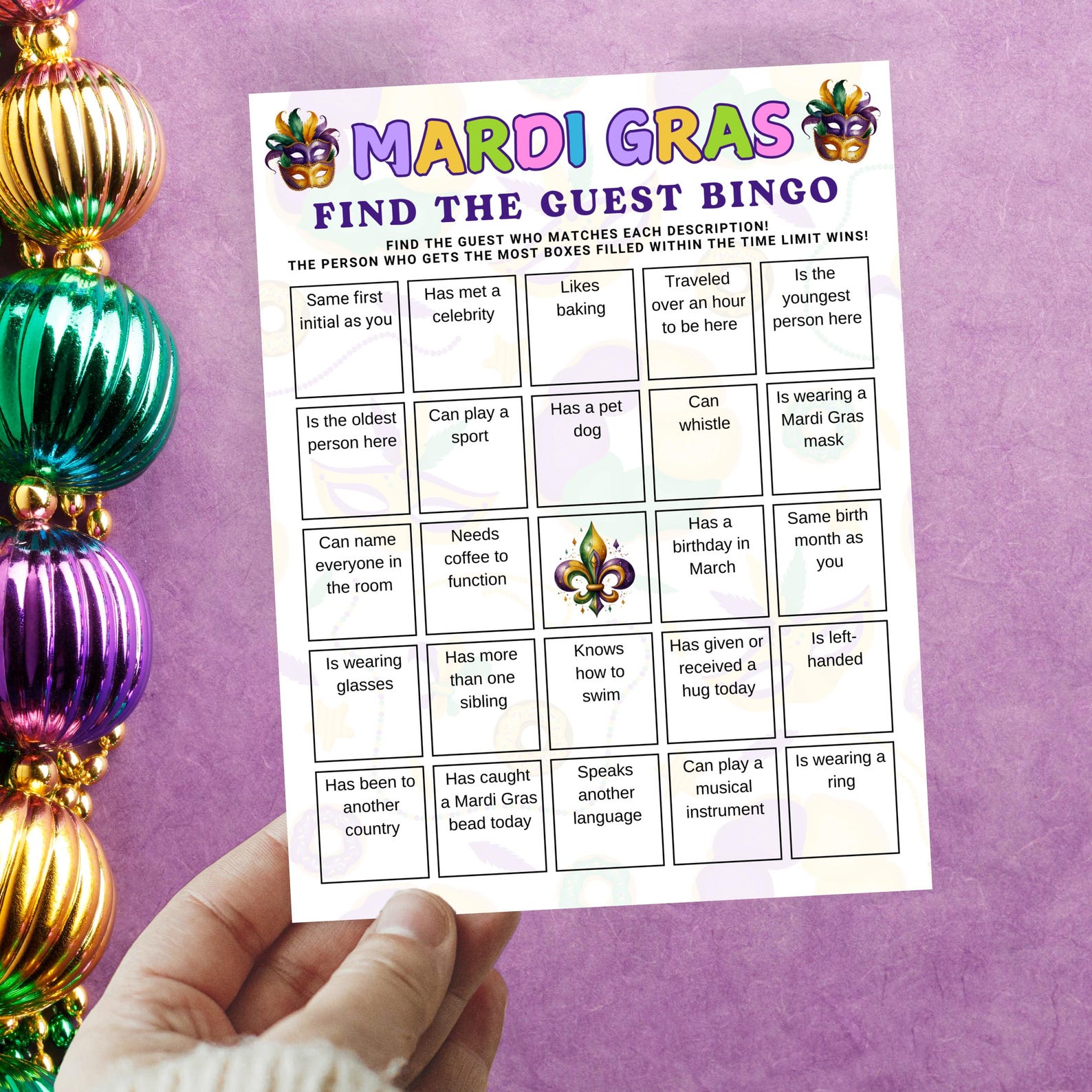 Mardi Gras Find the Guest Bingo Card Game, Mingle Bingo, Holiday Human ...
