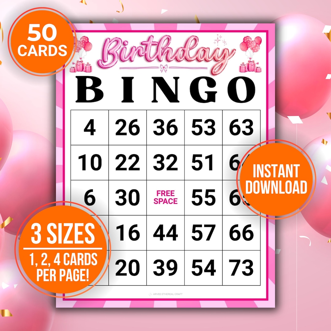 Bingo Cards Game, Pink Girl Printable Birthday Party 50 Bingo Game ...