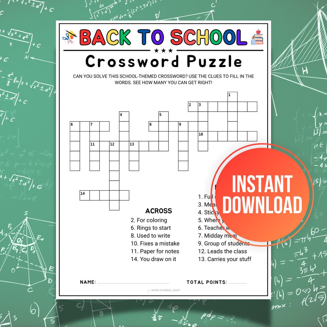 Back to School Crossword Puzzle Game, Printable Crossword Game, Kids ...