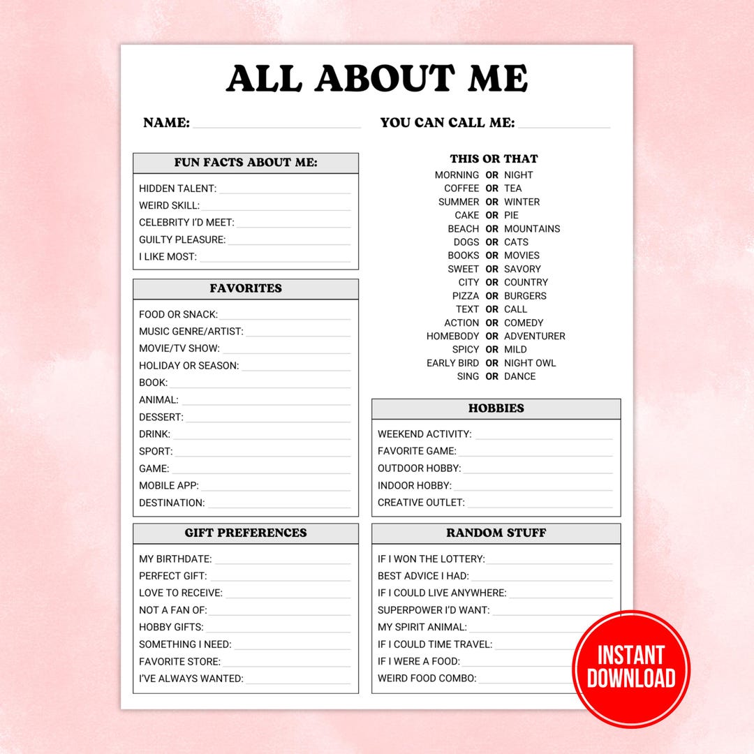 All About Me, Favorite Things List, Employee Favorites List, Get to ...