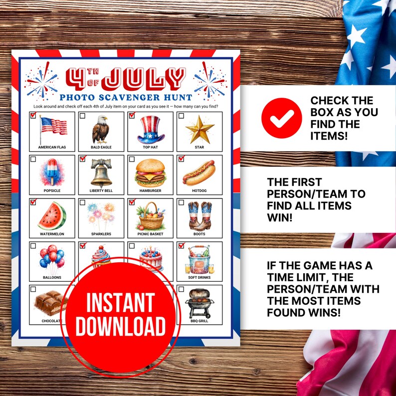 4th of July Photo Scavenger Hunt, Printable Outdoor Indoor Treasure ...