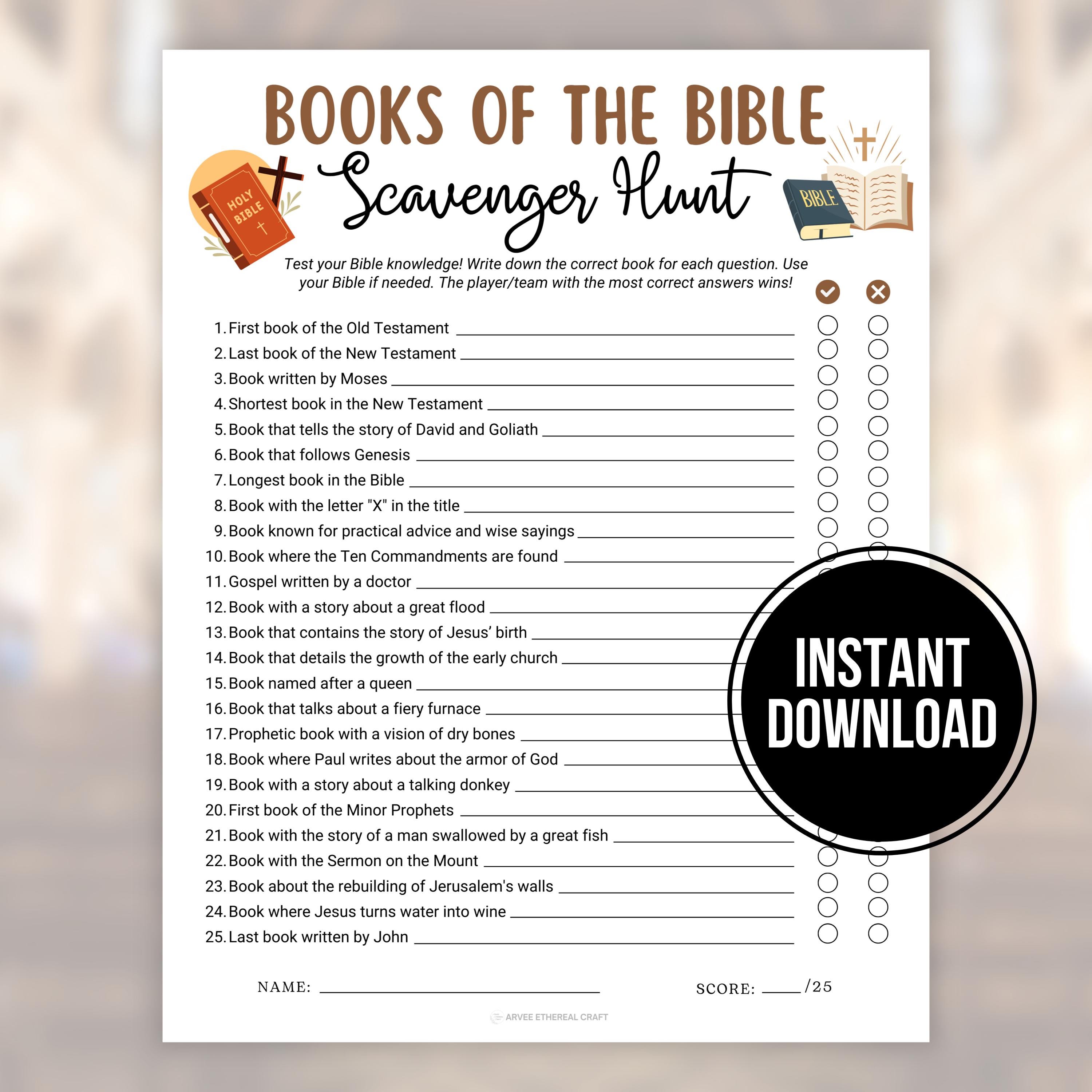 Books of the Bible Scavenger Hunt Game, Printable Church Women Ministry ...
