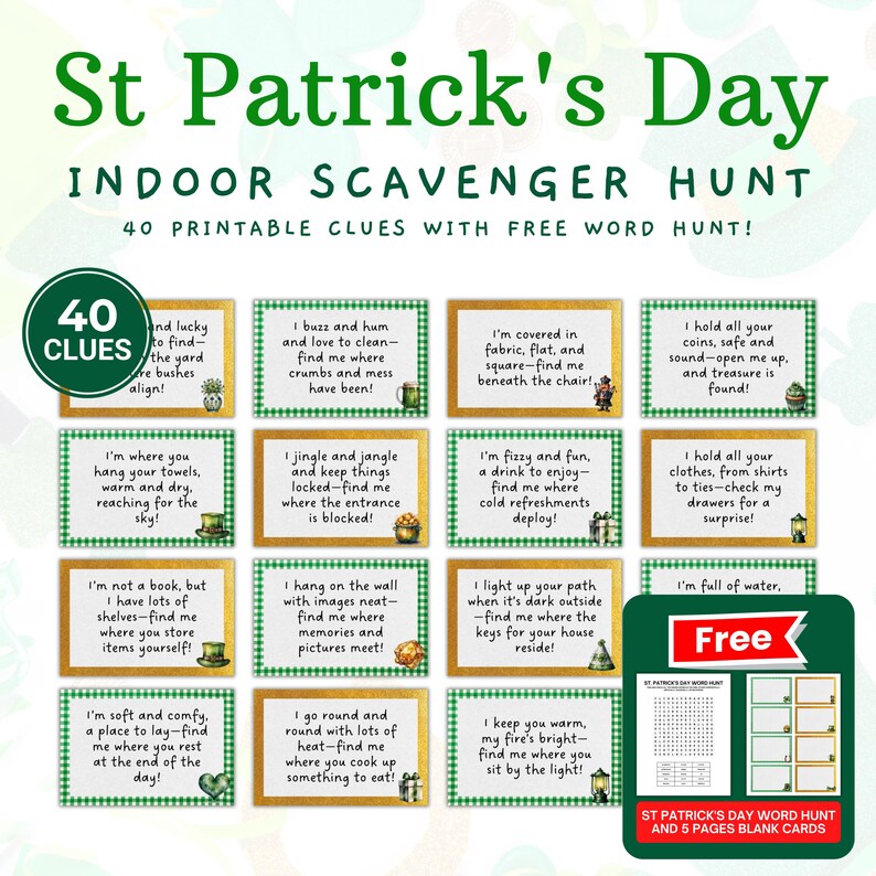 St. Patricks Day Scavenger Hunt for Kids, Indoor Treasure Hunt Clues ...
