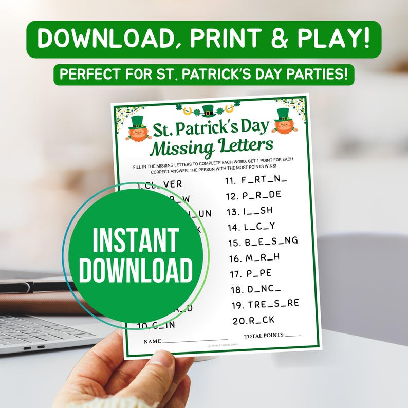 Printable St Patrick's Day Missing Letters Game, Fill in the Blanks ...