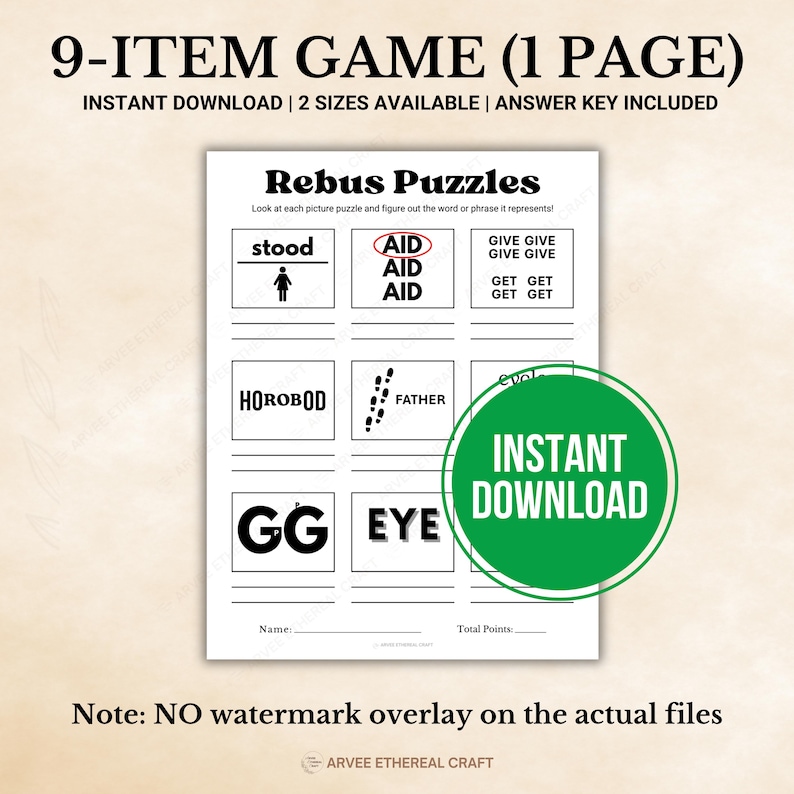 Printable Rebus Puzzles Game, Picture Puzzle Quiz, Rebus Games, Family ...