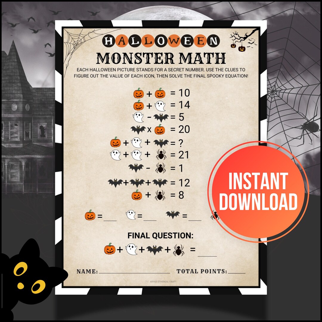 Halloween Monster Math Game, Printable Math Problems, Math Challenge ...