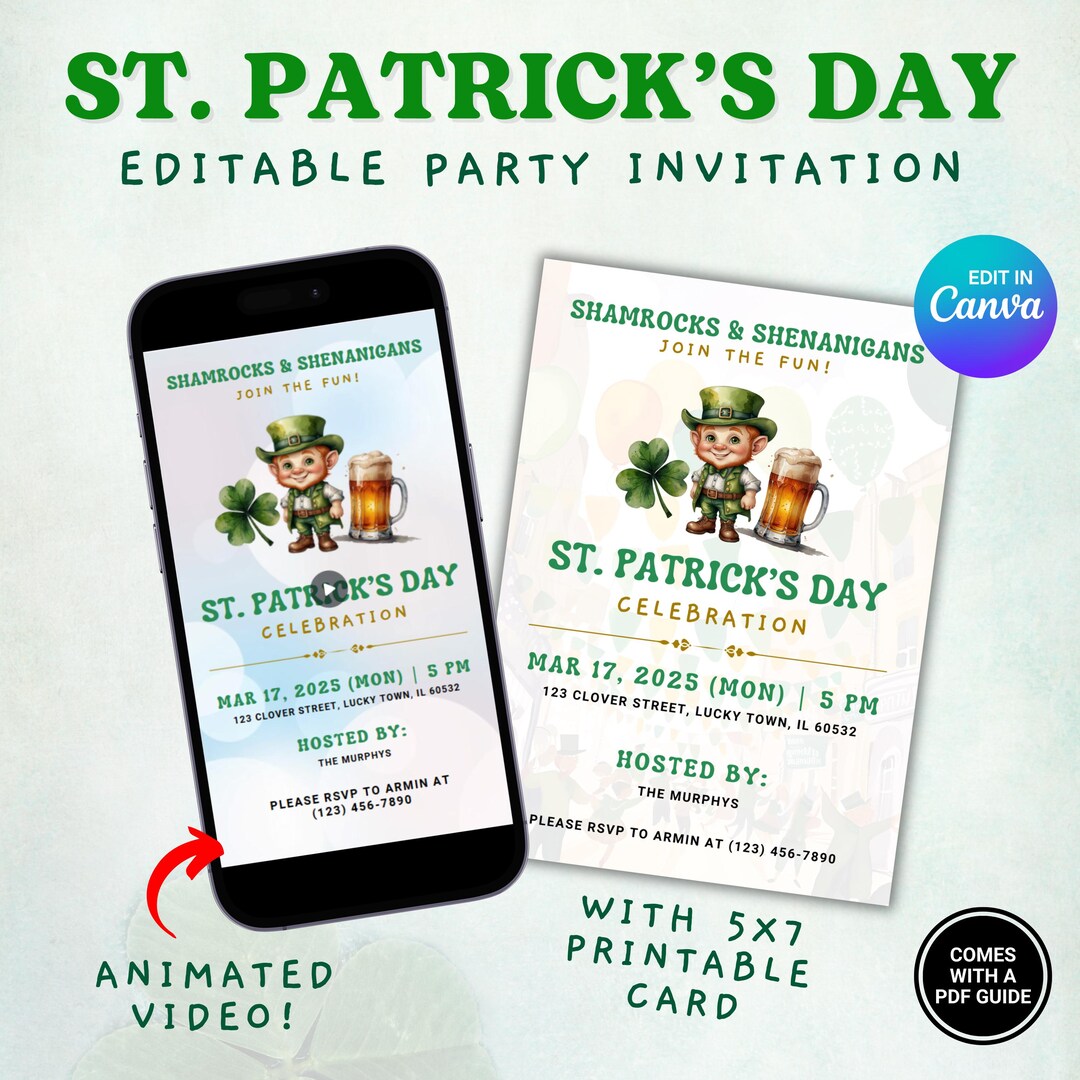 St Patricks Day Editable Digital Party Invitation Canva Template, St ...