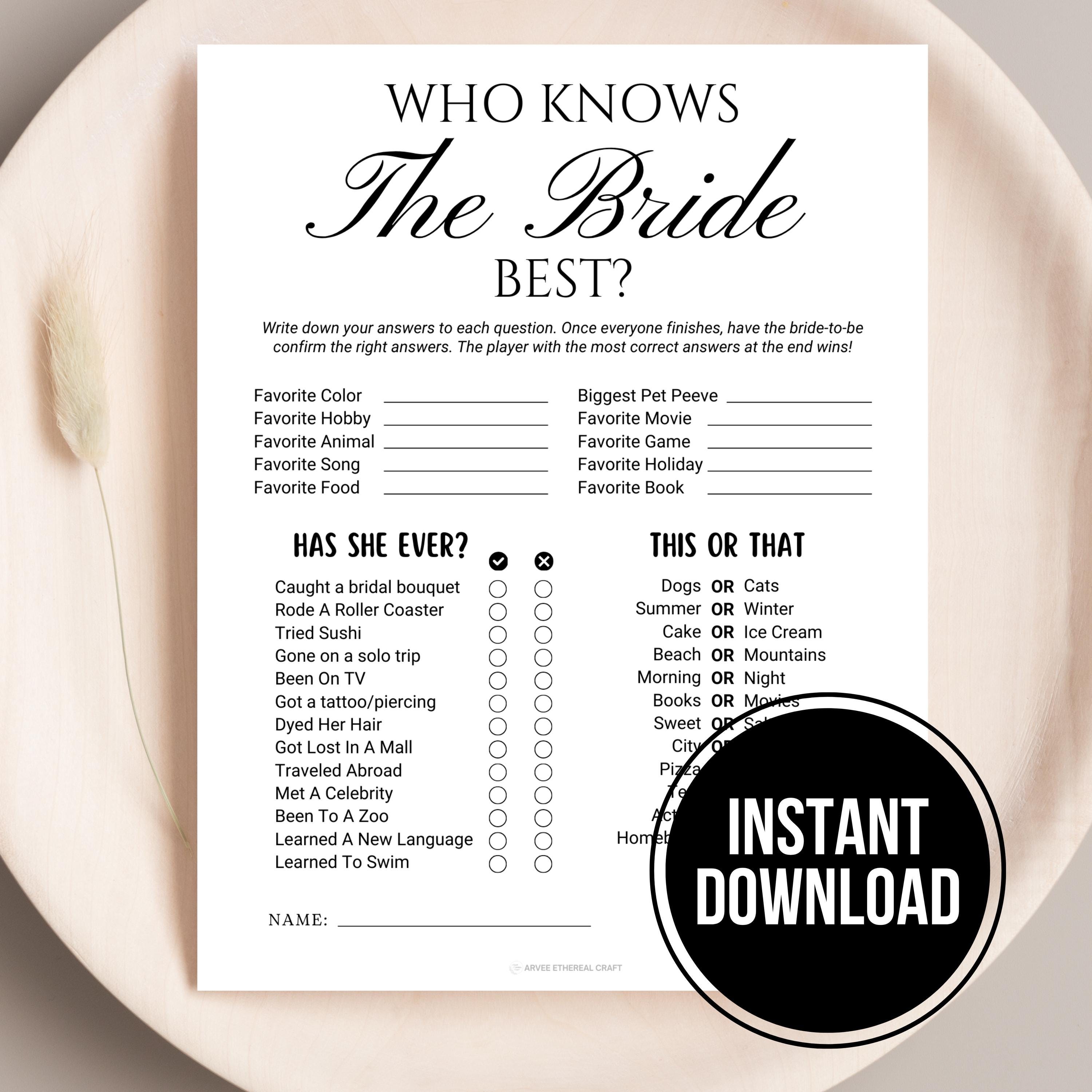 Who Knows the Bride Best, Printable Bridal Shower Games, How Well Do ...