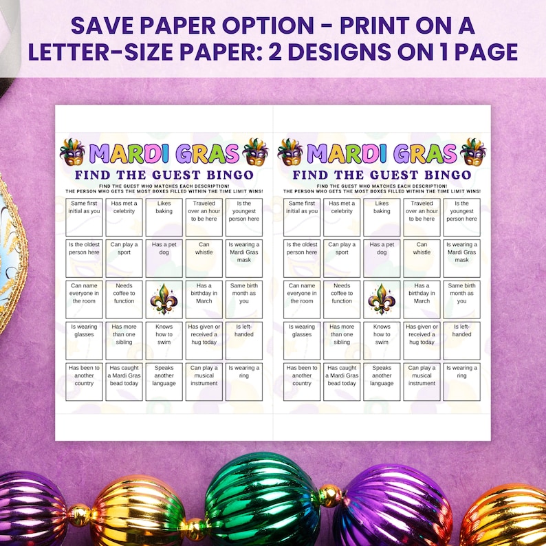 Mardi Gras Find the Guest Bingo Card Game, Mingle Bingo, Holiday Human ...