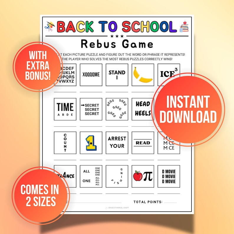 Printable Back to School Rebus Game, Rebus Puzzles, Word Play Trivia ...