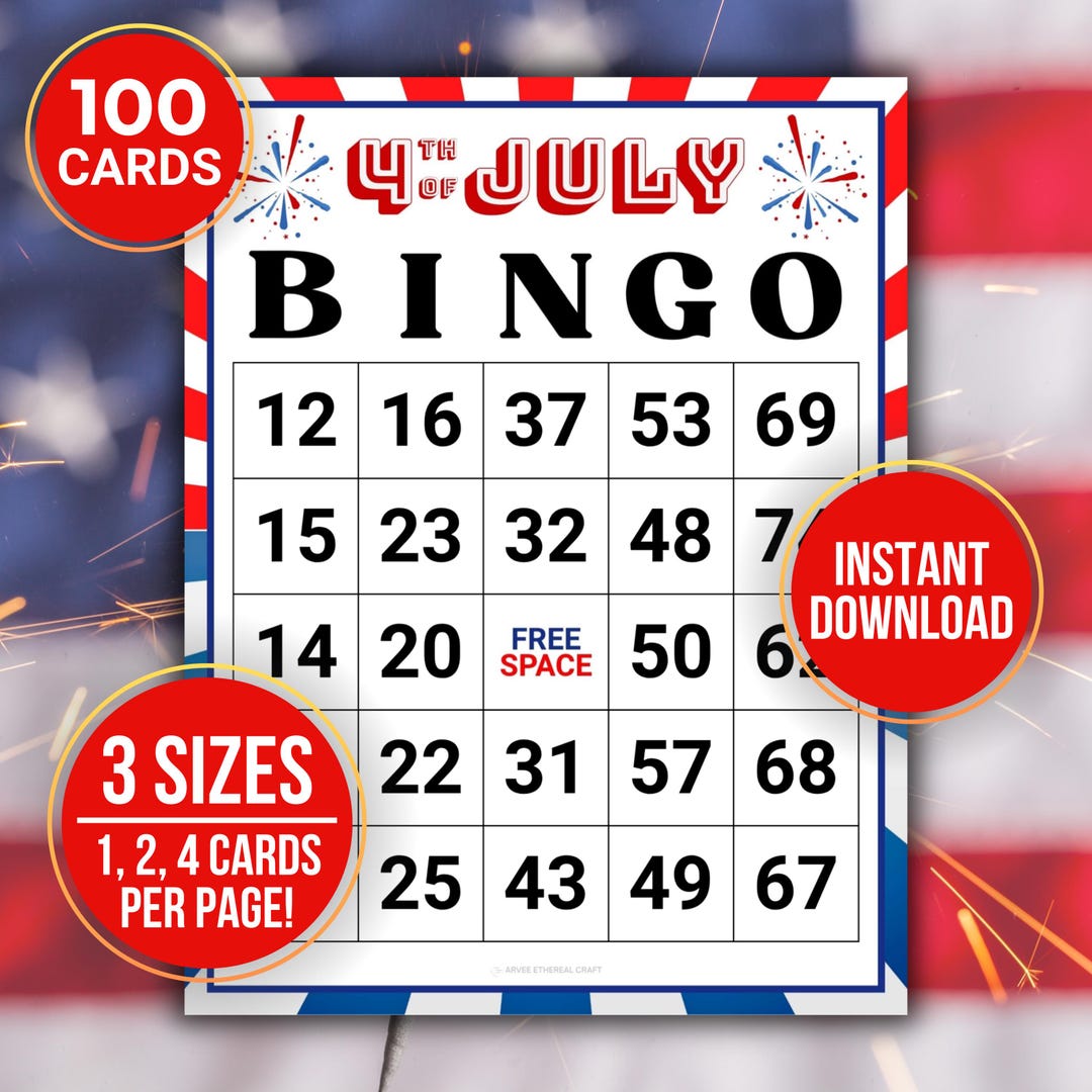 4th of July Bingo Cards Game, Printable 100 Patriotic Bingo Cards ...