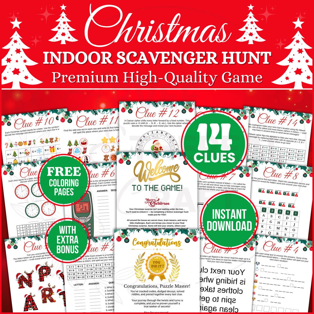 Christmas Scavenger Hunt, Older Kids Printable Indoor Treasure Hunt ...