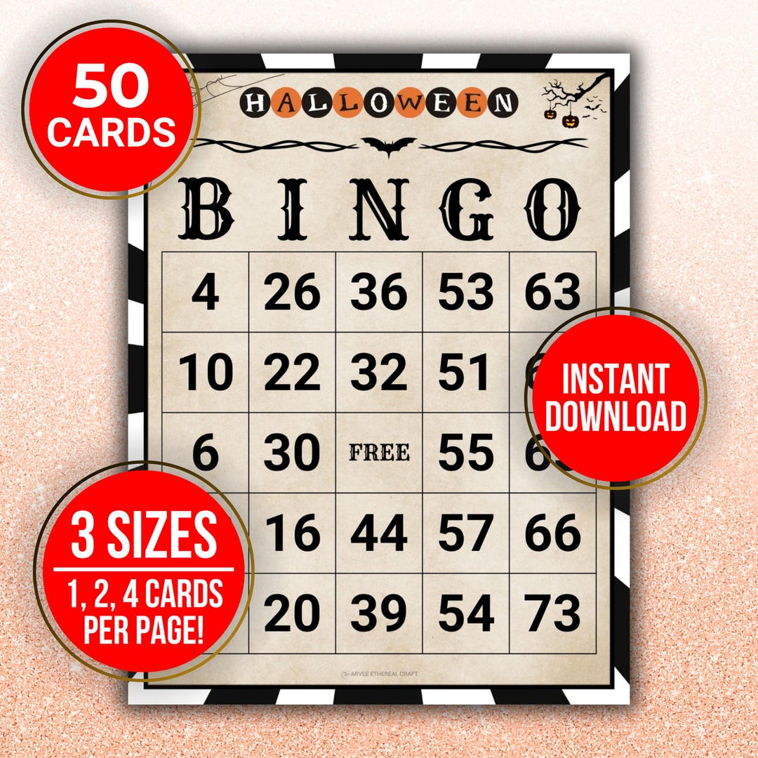 Halloween Bingo Cards Game, Printable 50 Bingo Game Cards Numbers ...