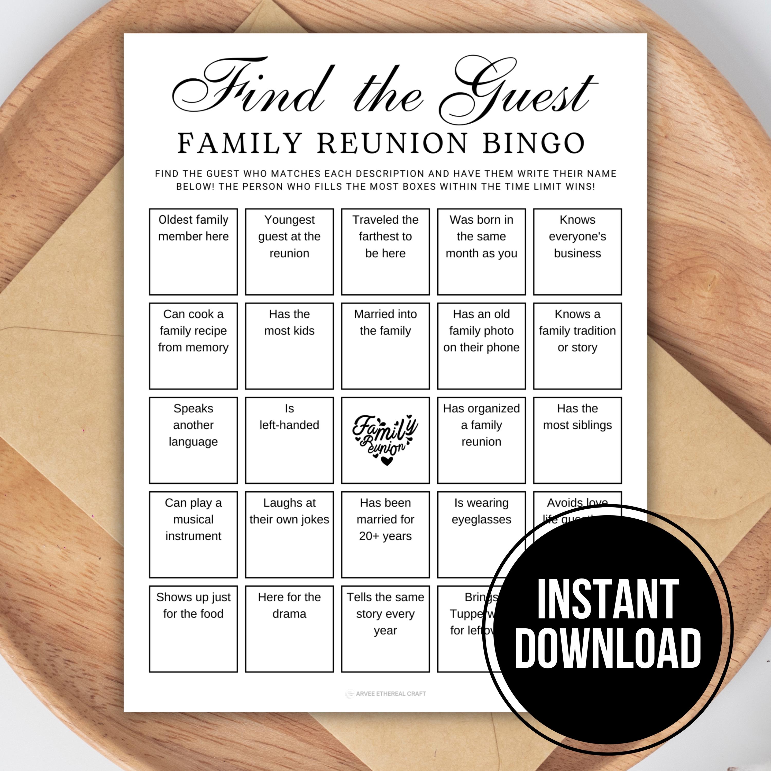 Family Reunion Find the Guest Bingo, Printable Find Someone Who Bingo ...