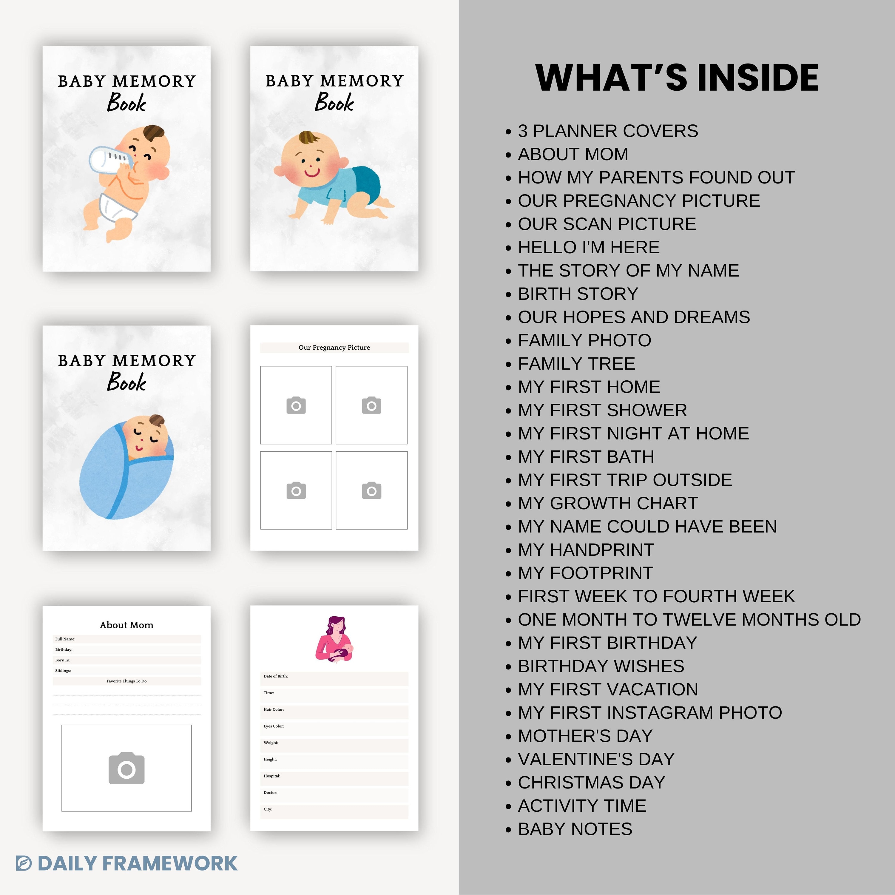 Baby Memory Book, Pregnancy Journal, Printable Growth Chart, Birth Plan ...