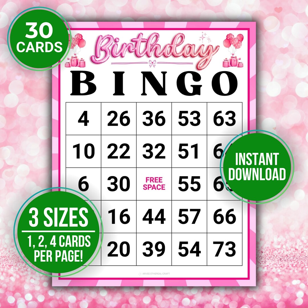 Bingo Cards Game, Pink Girl Printable Birthday Party 30 Bingo Game ...