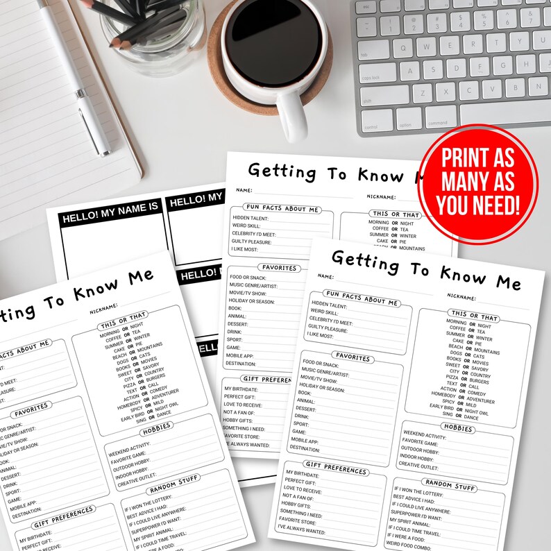 Team Building Get to Know Me Questionnaire Printable My Favorite Things ...