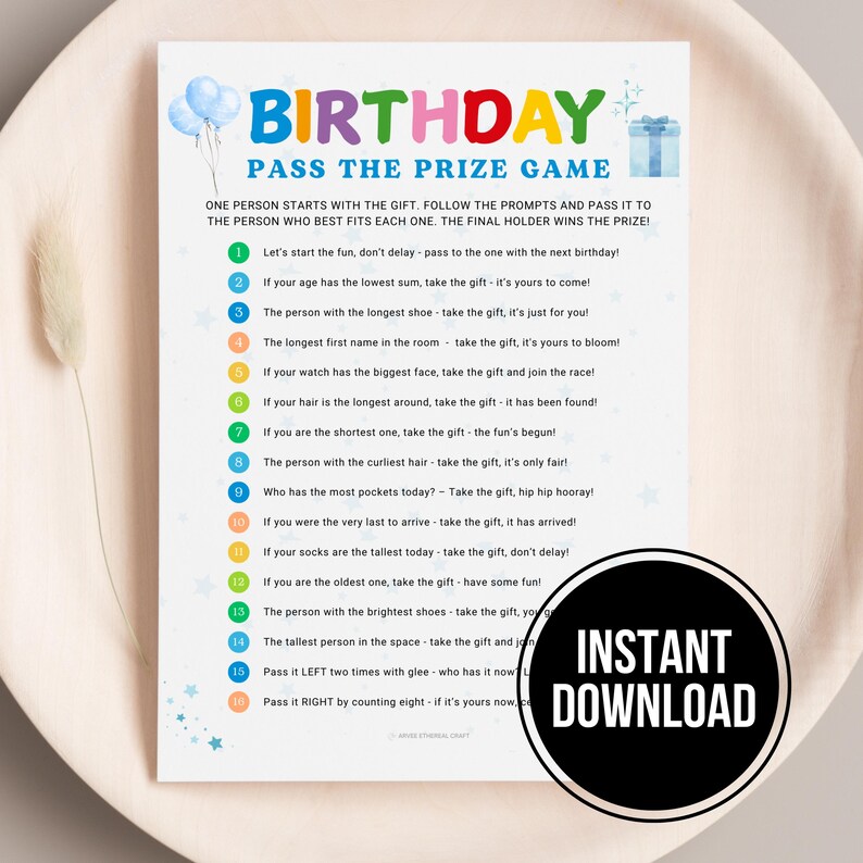 Birthday Pass the Prize Games, Printable Kids Boy Birthday Party Games ...