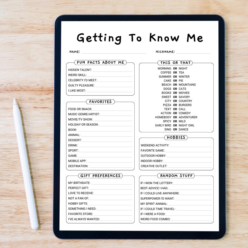 Team Building Get to Know Me Questionnaire Printable My Favorite Things ...