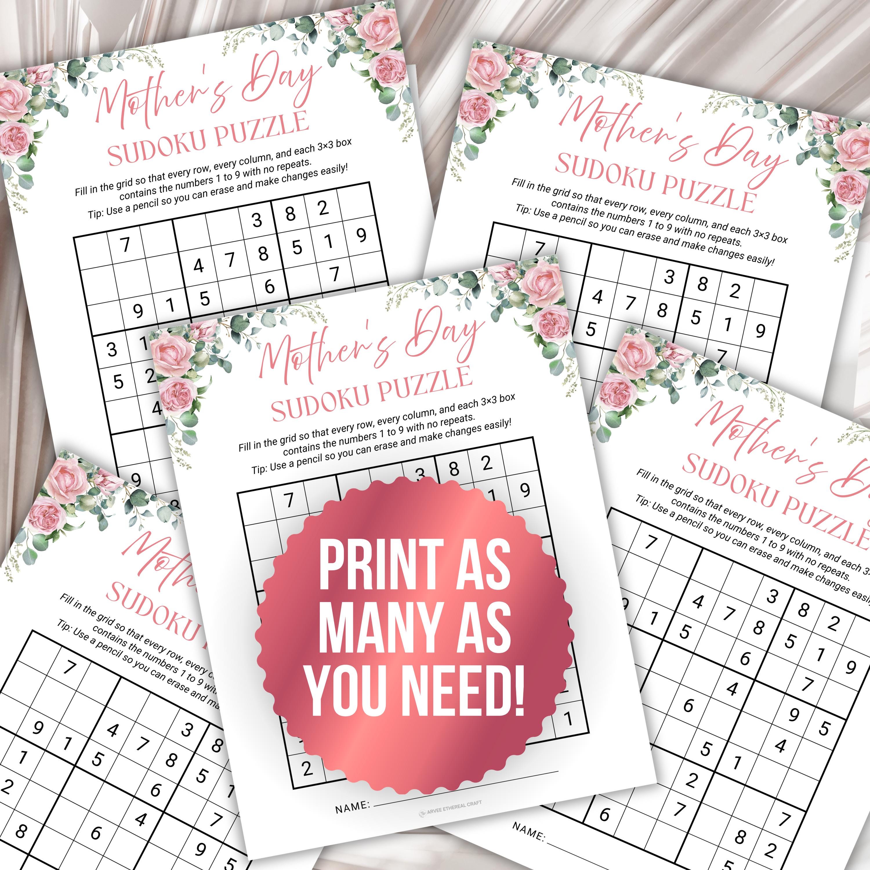 Mothers Day Sudoku Puzzles, Printable Sudoku Game, Number Puzzles, Math ...